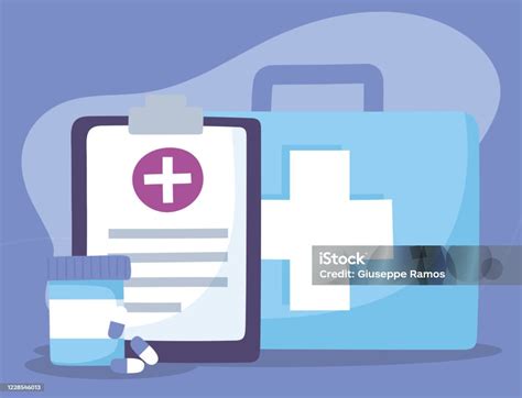 원격 의료 키트 응급 처치 의료 보고서 및 약물 치료 및 온라인 의료 서비스 건강 진단에 대한 스톡 벡터 아트 및 기타 이미지