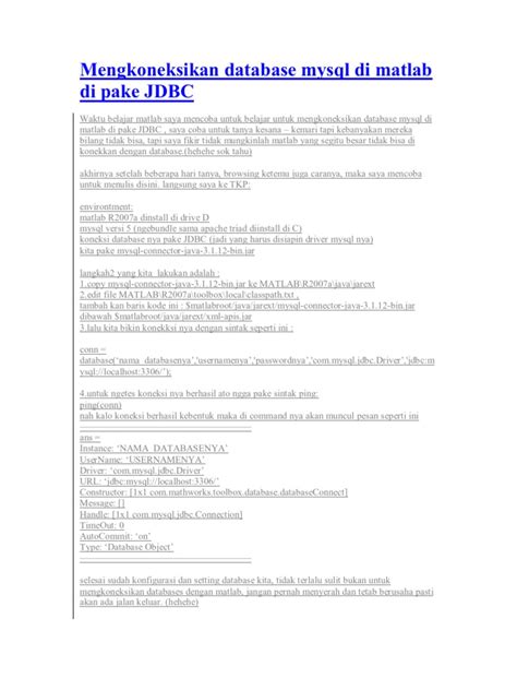 Mengkoneksikan Database Mysql Di Matlab Di Pake Jdbc Pdf