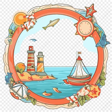 등대와 바다 클립 아트의 삽화가 있는 장식 프레임 벡터만화상표 Png 일러스트 무료 다운로드 Lovepik