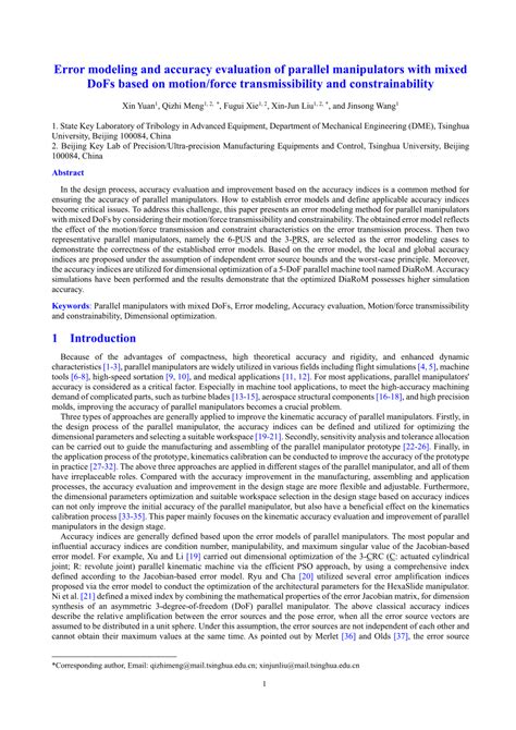 Pdf Error Modeling And Accuracy Evaluation Of Parallel Manipulators With Mixed Dofs Based On