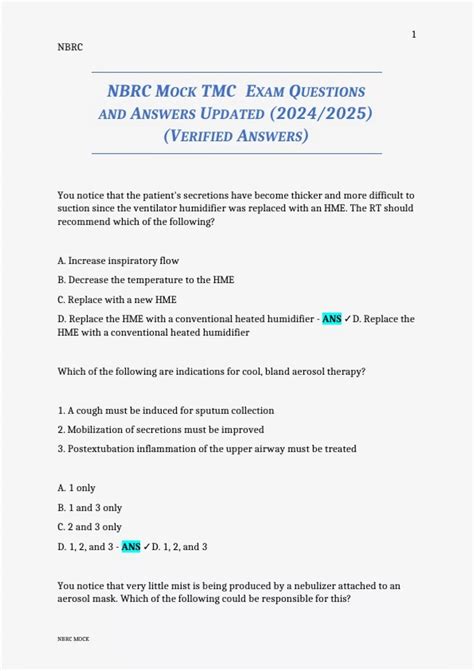NBRC MOCK TMC EXAM QUESTIONS AND ANSWERS UPDATED 2024 2025 VERIFIED ANSWERS NBRC MOCK TMC