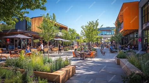A Pedestrianfriendly Plaza With Outdoor Cafes And Public Art