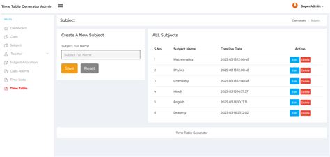 Time Table Generator System Project Phpgurukul