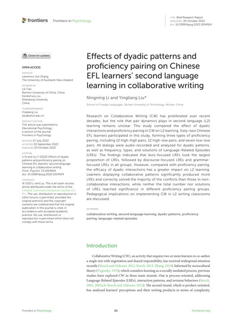 Pdf Effects Of Dyadic Patterns And Proficiency Pairing On Chinese Efl Learners Second