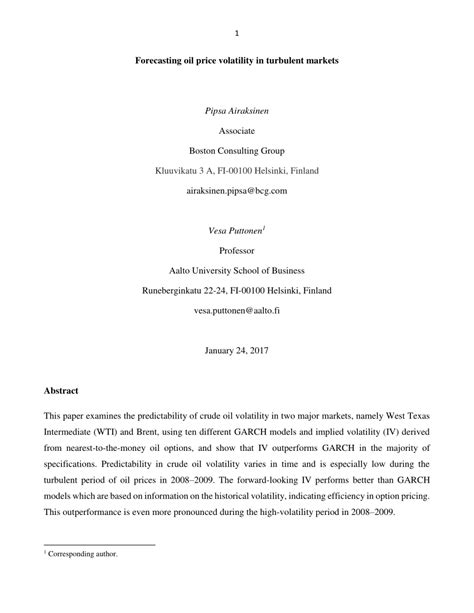 Pdf Forecasting Oil Price Volatility In Turbulent Markets