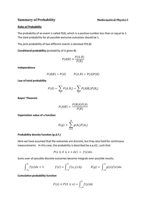 Probability Summary Elg3126 Summary Of Probability Mathematical