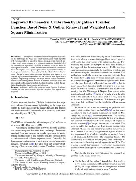 Improved Radiometric Calibration By Brightness Transfer Function Based Noise And Outlier Removal