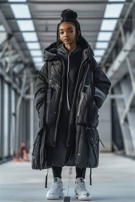 모델이 매우 긴 검정색 패딩 코트를 입고 흰색 운동화를 신은 채 미래지향적인 산업 인테리어에서 카메라를 향해 웃고 있습니다