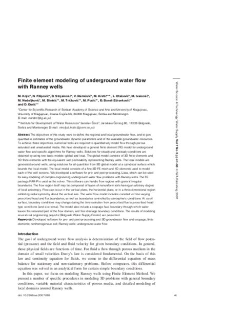 Pdf Finite Element Modeling Of Underground Water Flow With Ranney Wells