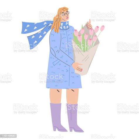 꽃다발을 가진 아름다운 여자 흰색 배경에 평면 벡터 삽화 3월에 대한 스톡 벡터 아트 및 기타 이미지 3월 International Womens Day 공휴일