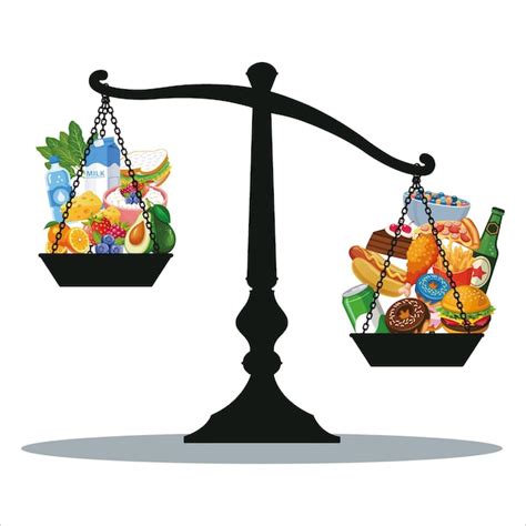 체중계 건강 식품 및 패스트 정크 푸드 일러스트레이션 프리미엄 벡터