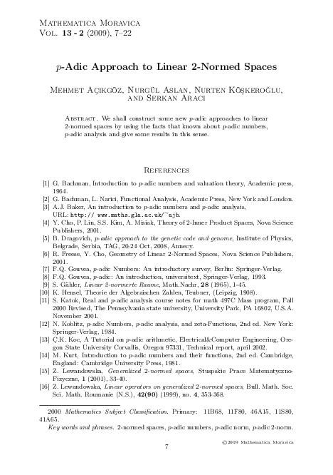 Pdf P Adic Approach To Linear 2 Normed Spaces