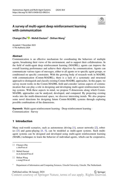 Pdf A Survey Of Multi Agent Deep Reinforcement Learning With Communication