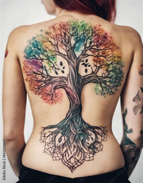 Colorful Tree Of Life Tattoo On Women Body Isolated White Background Stock Photo Adobe Stock