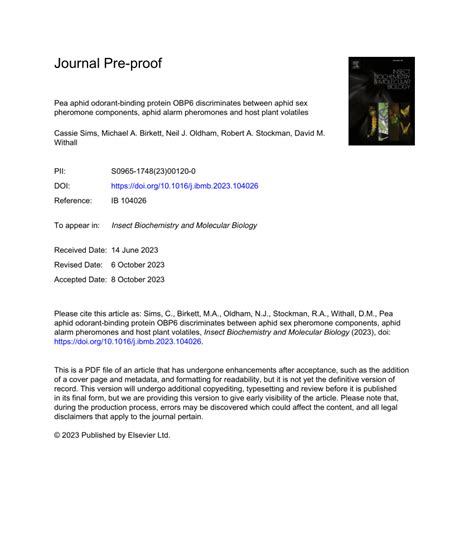 Pdf Pea Aphid Odorant Binding Protein Obp6 Discriminates Between Aphid Sex Pheromone