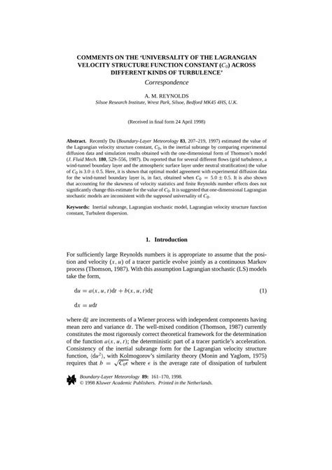 Pdf Comments On The Universality Of The Lagrangian Velocity