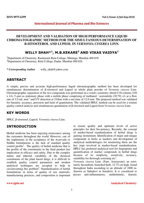Pdf Development And Validation Of High Performance Liquid Chromatographic Method For The