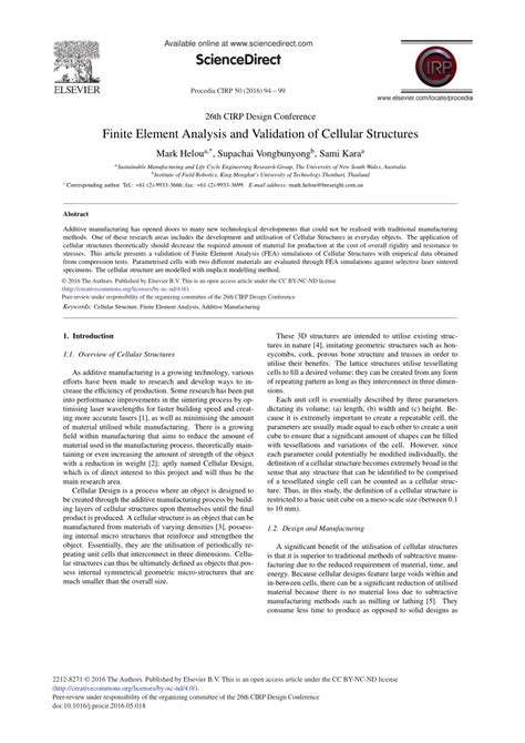 Pdf Finite Element Analysis And Validation Of Cellular Structures