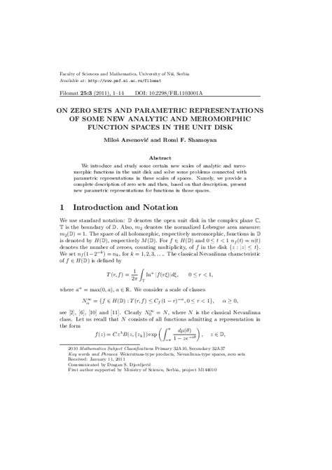 Pdf On Zero Sets And Parametric Representations Of Some New Analytic And Meromorphic Function