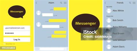 메신저 앱 인터페이스 세트 로그인 페이지 문자 메시지 채팅 대화 음성 거품 아이콘 및 연락처 목록 모바일 응용 프로그램 스크린