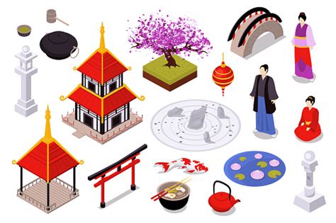 일본 문화 3d 아이소 메트릭 메가 세트 아이소메트리 그래픽 디자인 탑 사원 벚꽃 사무라이 게이샤 기모노 수련 호수 차 잉어 기타의 수집 요소 벡터 일러스트 레이 션 3차원