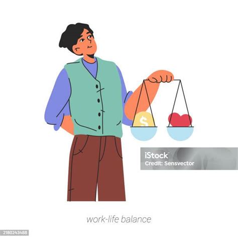 일과 삶의 균형 업무 및 개인 시간을 만들고 정리하는 능력 벡터 고립 된 평면 만화 캐릭터 와 가늠자 돈 그리고 마음 비교 직원 성격 특성 기술에 대한 스톡 벡터 아트 및