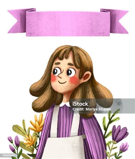 엽서 레이아웃 재미있는 어린 소녀 일러스트레이션 초등학생 웃는 아기 초상화 귀여운 만화 캐릭터 손으로 그린 예술 스타일 작은 아가씨 파란색 리본 배너 초대 카드 아이에 대한
