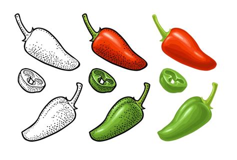Whole And Half Of Green Jalapeno Chili Peppersn Vector Image