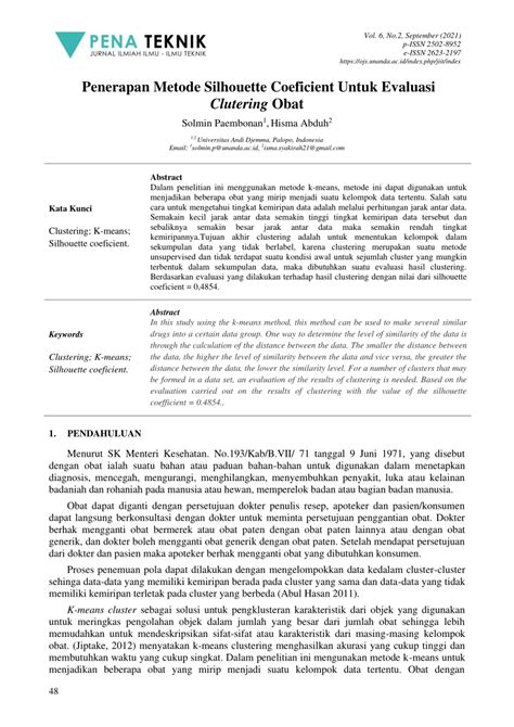 Pdf Penerapan Metode Silhouette Coefficient Untuk Evaluasi Clustering Obat