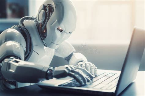 White Humanoid Robot Operating A Laptop Generative Ai Stock Illustration Illustration Of