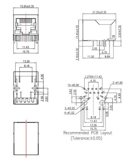 14pin Right Angle Dip Type Rj45 Female Ethernet Connector With Leds