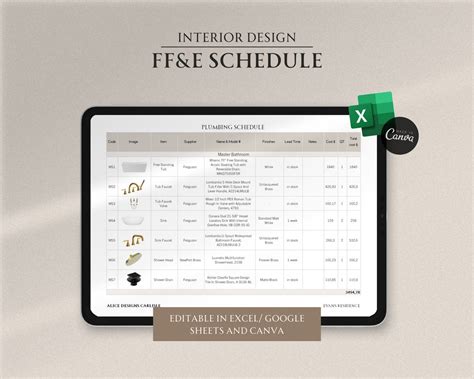 Ffande Schedule Excel Canva And Sheets Furniture Fixture And Finishes Schedule Interior