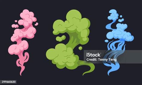 화려한 구름 블루 그린 핑크 연기 구름 파스텔 색상 퍼프 플랫 벡터 일러스트 레이 션 세트 만화 여러 가지 빛깔의 먼지 구름 구름에 대한 스톡 벡터 아트 및 기타 이미지