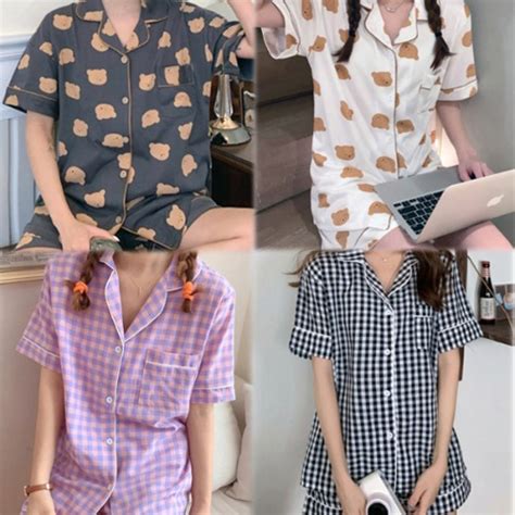 Dkp13 스트라이프 줄무늬 체크 곰돌이 카라 남방 투피스 상하 세트 밴딩 고무줄 반팔 셔츠 슬립 웨어 여름 실내복 파자마 홈웨어 잠옷