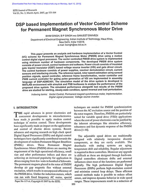 pdf dsp based implementation of vector control scheme for permanent