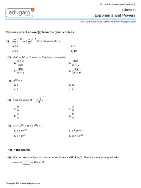 Grade 8 Exponents And Powers In Pdf Speed Applied Mathematics