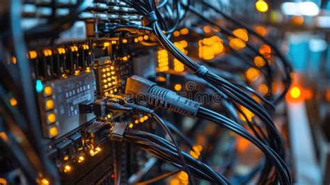 Server Room Equipment Blinking With Yellow Lights And Cables Connecting Circuit Boards Stock