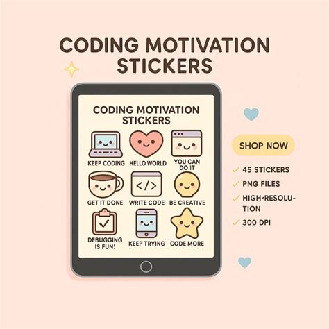 Cute Coding Motivation Stickers Set High Resolution 300 Dpi Png Files