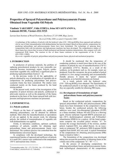 Pdf Properties Of Sprayed Polyurethane And Polyisocyanurate Foams Obtained From Vegetable Oil