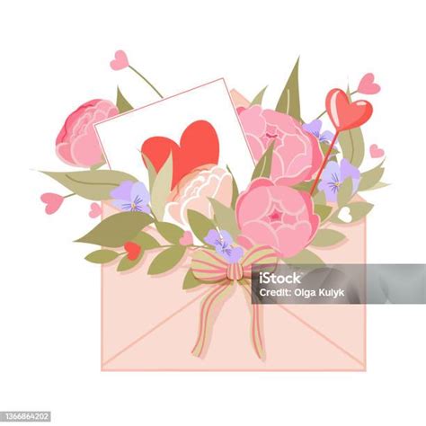 봄 여름 또는 사랑의 메시지와 로맨틱 한 편지 귀여운 봉투 흰색 배경에 격리 꽃 가지 잎 활 하트가 있는 꽃 그림벡터 해피