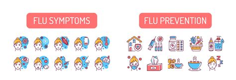 독감 증상 및 예방 컬러 라인 아이콘 설정 바이러스 성 질병 감기 바이러스 및 질병 예방 웹 페이지 모바일 앱 프로모션에 대한