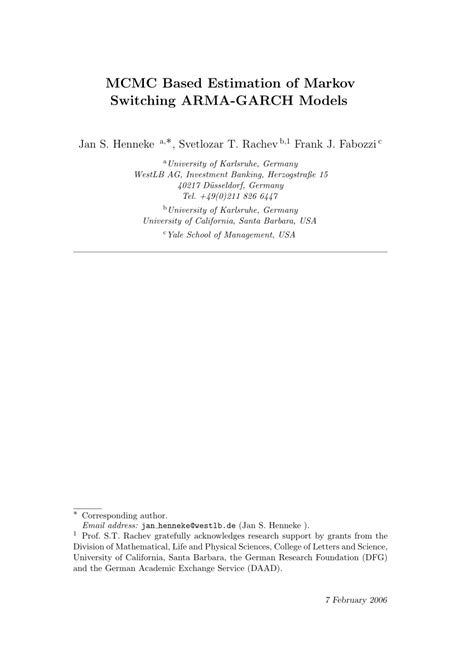 Pdf Mcmc Based Estimation Of Markov Switching Arma Garch Models