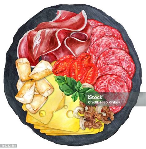 브리 치즈 살라미 소시지 프로슈토를 검은 돌 접시에 얹습니다 수채화 그림 견과에 대한 스톡 벡터 아트 및 기타 이미지 견과 다양 델리카트슨 Istock