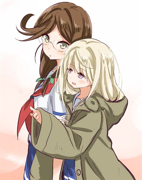 Safebooru 2girls Abe Kanari Blonde Hair Blue Skirt Brown Eyes Brown