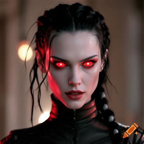 Mila Jovovich As A Vampire With Glowing Red Eyes And Braided Black Hair