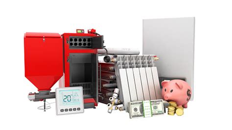 그림자는 흰색 바탕에 고체 연료 보일 러 배터리 전기 보일 러 및 서 모스 탯 3d 렌더링을 절약 난방 현대 개념 Draft Sports에 대한 스톡 사진 및 기타