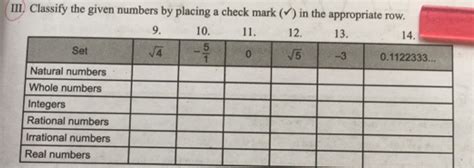 Solved Iii Classify The Given Numbers By Placing A Check Mark In The Appropriate Row 9