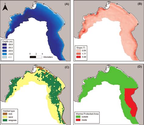 maps of the predictor variables a bathymetry b slope c habitat