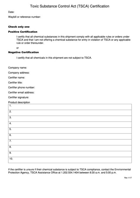 Fillable Toxic Substance Control Act Tsca Certification Printable Pdf Download