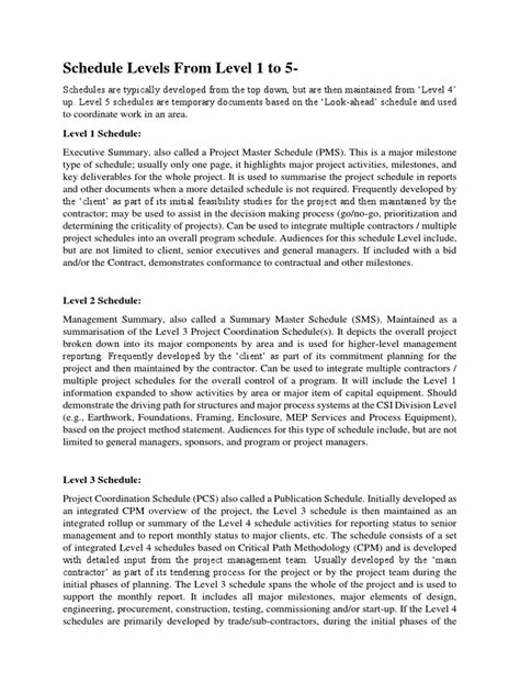 Schedule Levels From Level 1 To 5 Pdf Project Management Business